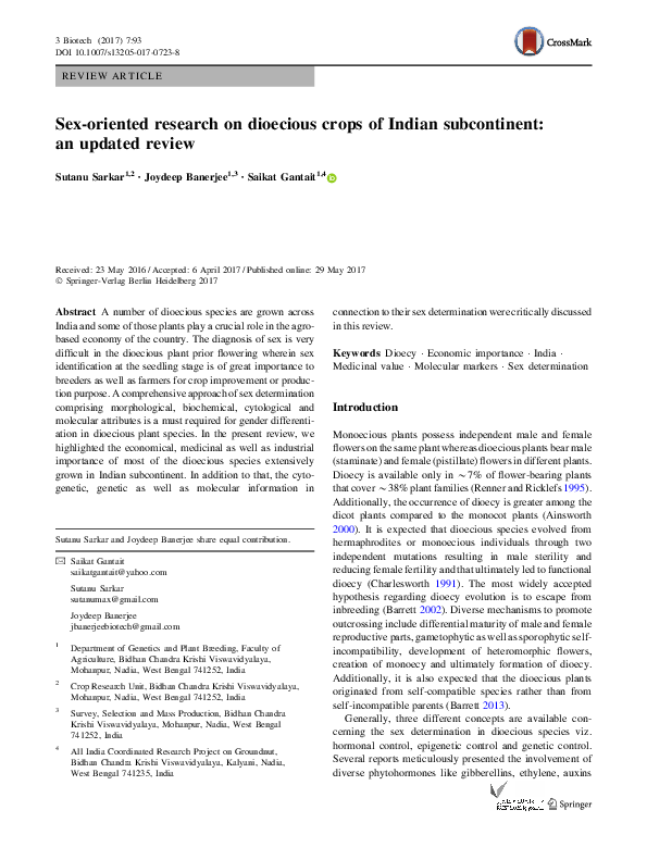 Pdf Sex Oriented Research On Dioecious Crops Of Indian Subcontinent 