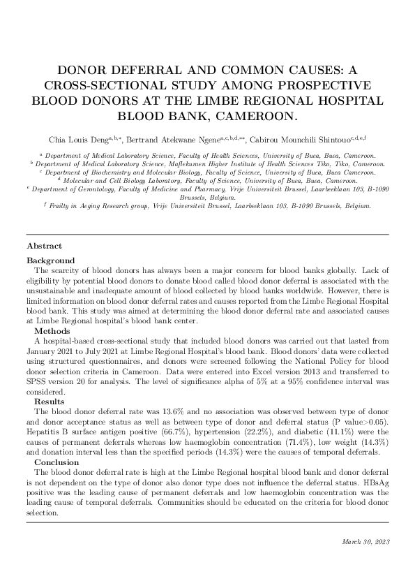 (PDF) DONOR DEFERRAL AND COMMON CAUSES: A CROSS-SECTIONAL STUDY AMONG ...
