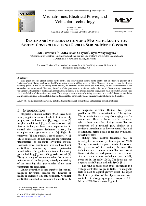 Pdf Design And Implementation Of A Magnetic Levitation System Controller Using Global Sliding