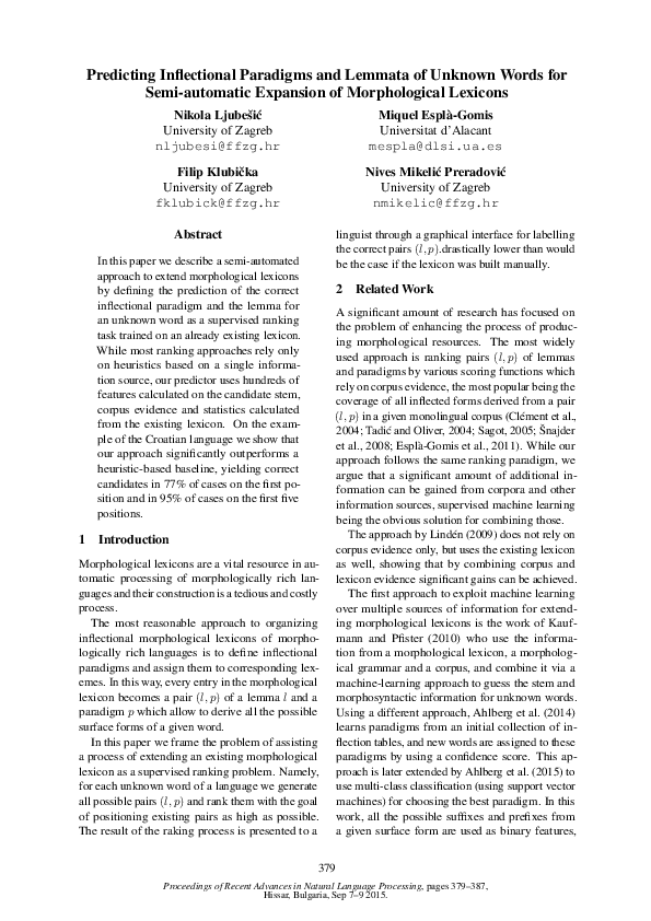 (PDF) Predicting Inflectional Paradigms and Lemmata of Unknown Words ...