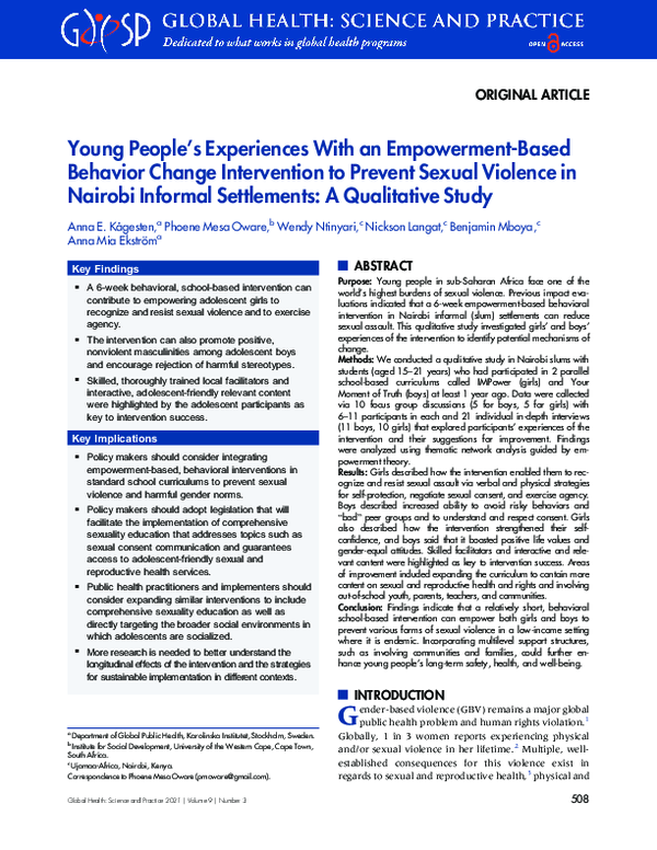 (PDF) Young People’s Experiences With an Empowerment-Based Behavior Change Intervention to ...