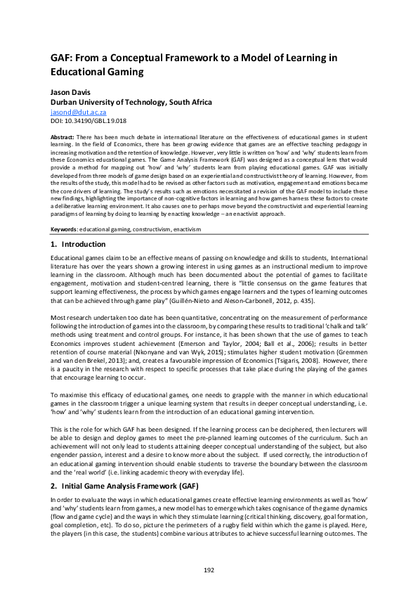 (PDF) GAF: From a Conceptual Framework to a Model of Learning in Educational Gaming