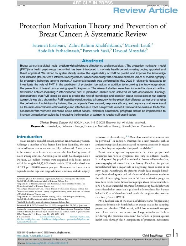 (PDF) Protection motivation theory and prevention of breast cancer: a ...