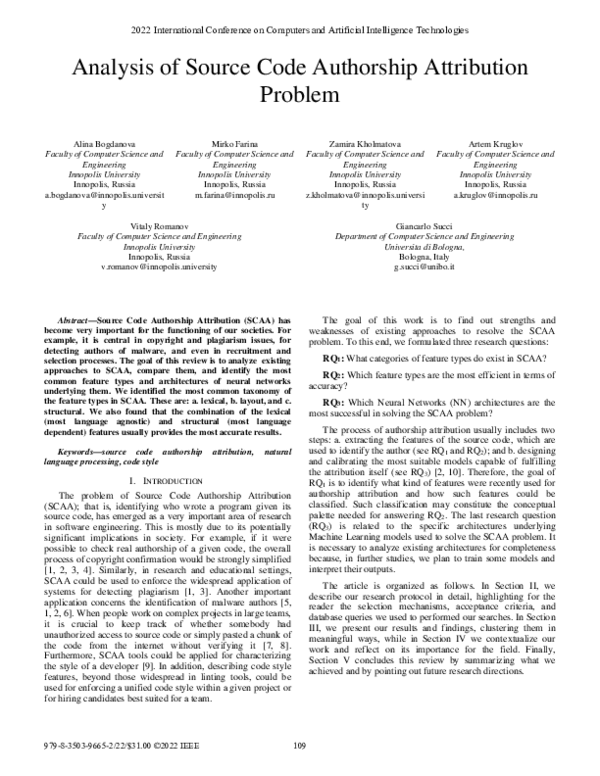 Pdf Analysis Of Source Code Authorship Attribution Problem
