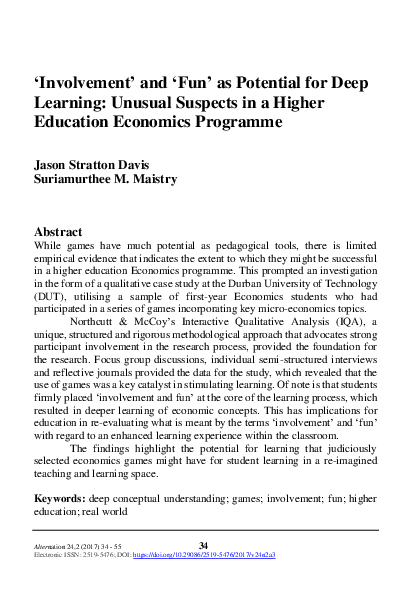 (PDF) 'Involvement' and 'Fun' as Potential for Deep Learning: Unusual ...