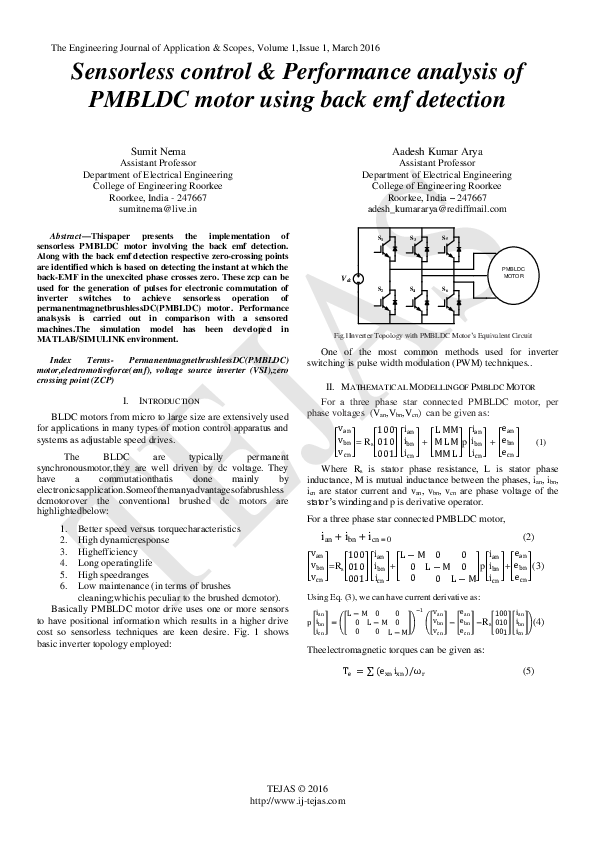 Pdf Sensorless Control And Performance Analysis Of Pmbldc Motor Using Back Emf Detection