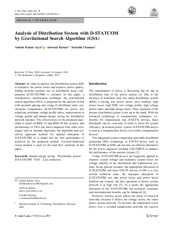 Pdf Analysis Of Distribution System With D Statcom By Gravitational Search Algorithm Gsa