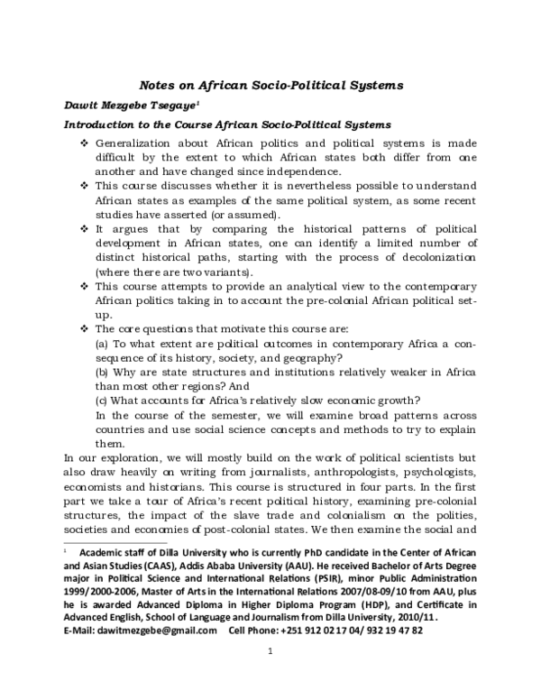 (DOC) Notes on African Socio-Political Systems