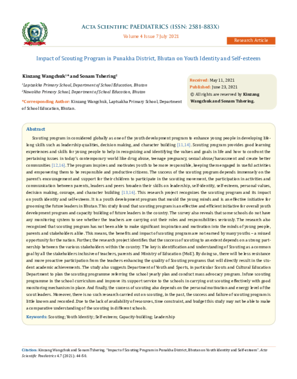 (PDF) Impact of Scouting Program in Punakha District, Bhutan on Youth Identity and Self-esteem
