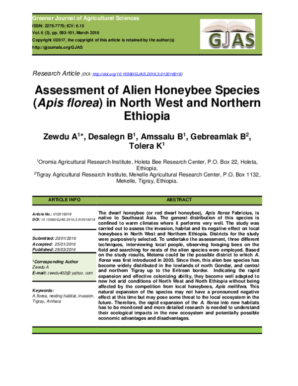 (PDF) Assessment of Alien Honeybee Species (Apis florea) in North West ...