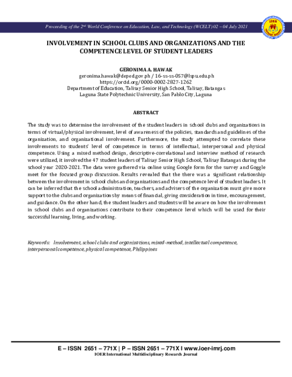 (PDF) Involvement in School Clubs and Organizationsand the Competence ...