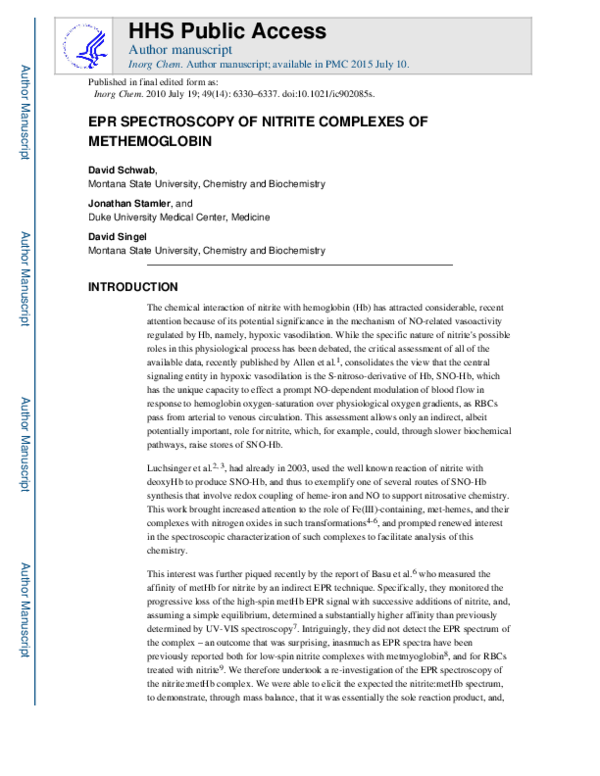 (PDF) EPR Spectroscopy of Nitrite Complexes of Methemoglobin