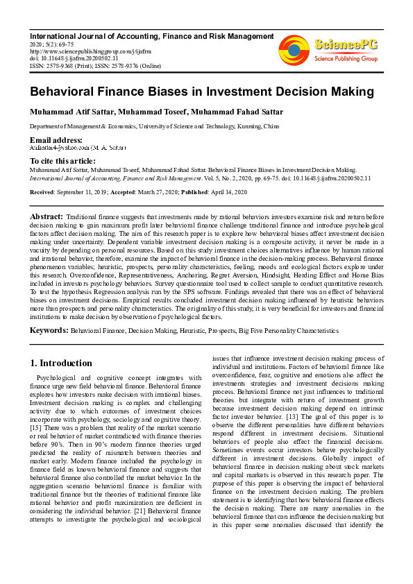 (PDF) Behavioral Finance Biases in Investment Decision Making