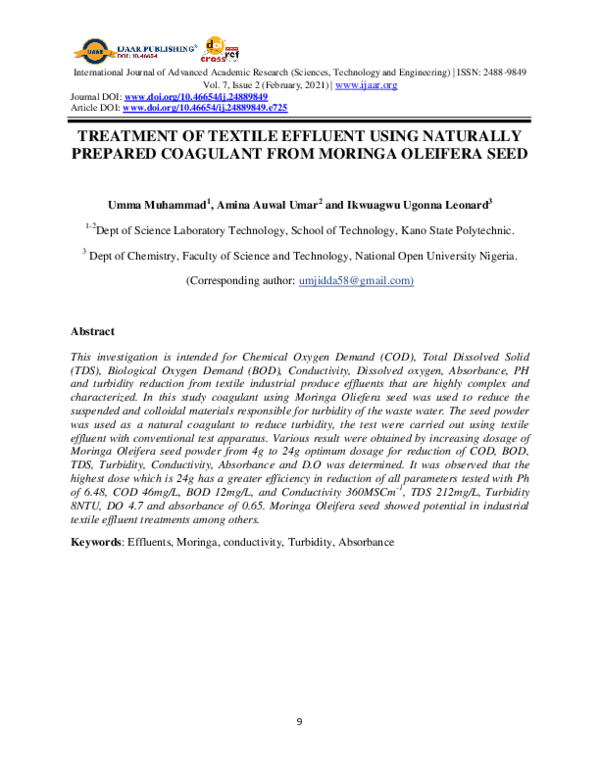 (PDF) Treatment of Textile Effluent Using Naturally Prepared Coagulant from Moringa Oleifera Seed