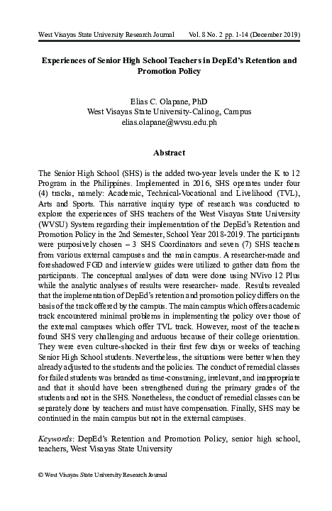 (PDF) Experiences of Senior High School Teachers in DepEd's Retention ...