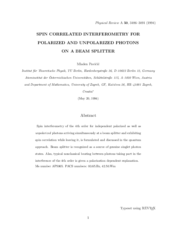 (PDF) Spin-correlated interferometry for polarized and unpolarized photons on a beam splitter