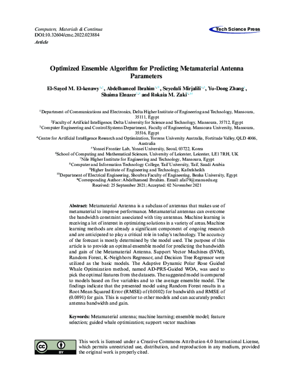Pdf Optimized Ensemble Algorithm For Predicting Metamaterial Antenna
