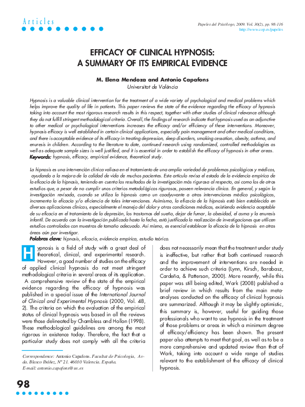 (PDF) Efficacy of clinical hypnosis: A summary of its empirical evidence