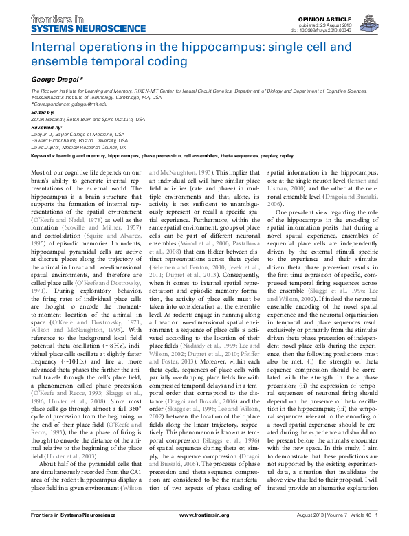 (PDF) Internal operations in the hippocampus: single cell and ensemble temporal coding