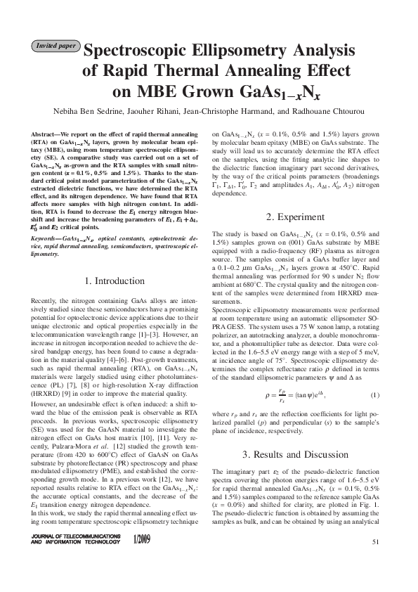 (PDF) Spectroscopic Ellipsometry Analysis of Rapid Thermal Annealing Effect on MBE Grown GaAs1-xNx