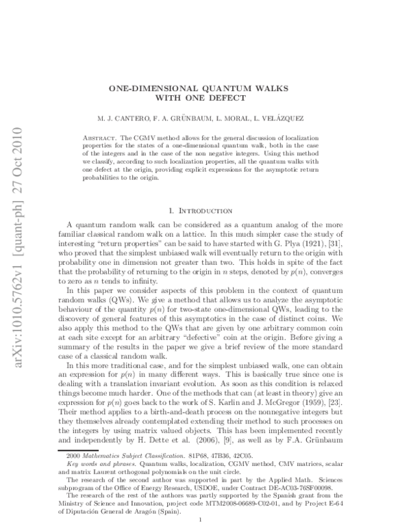 (PDF) One-Dimensional Quantum Walks with One Defect | Luis Velázquez - Academia.edu