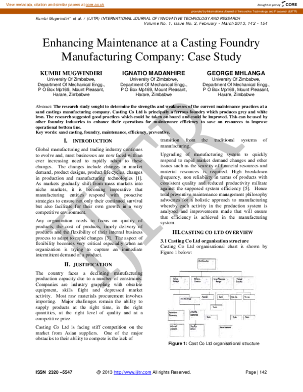 (PDF) Enhancing Maintenance at a Casting Foundry Manufacturing Company: Case Study