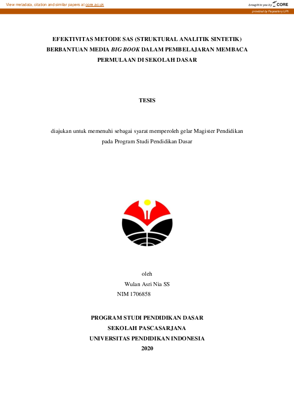 (PDF) Efektivitas Metode Sas (Struktural Analitik Sintetik) Berbantuan Media Big Book Dalam ...