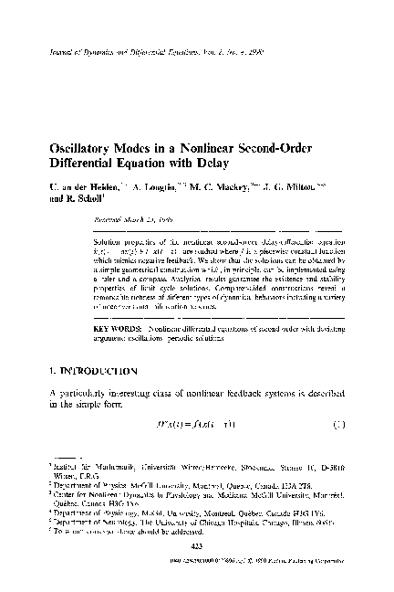 Pdf Oscillatory Modes In A Nonlinear Second Order Differential Equation With Delay A