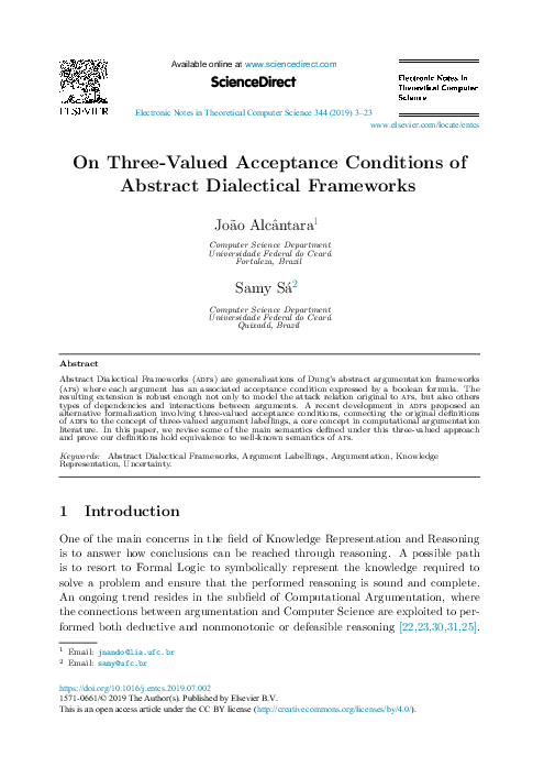 Pdf On Three Valued Acceptance Conditions Of Abstract Dialectical Frameworks 9111