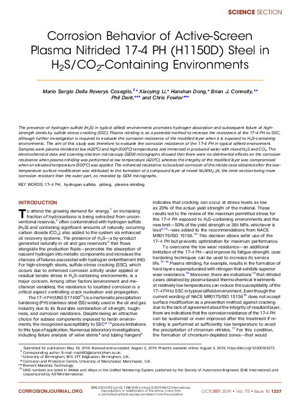 (PDF) Corrosion Behavior of Active-Screen Plasma Nitrided 17-4 PH (H1150D) Steel in H2S/CO2 ...