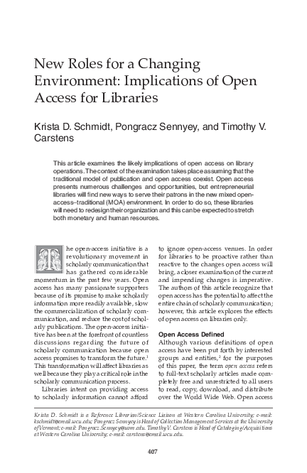 (PDF) New Roles for a Changing Environment: Implications of Open Access ...