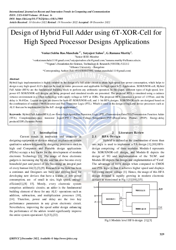 (PDF) Design of Hybrid Full Adder using 6T-XOR-Cell for High Speed Processor Designs Applications