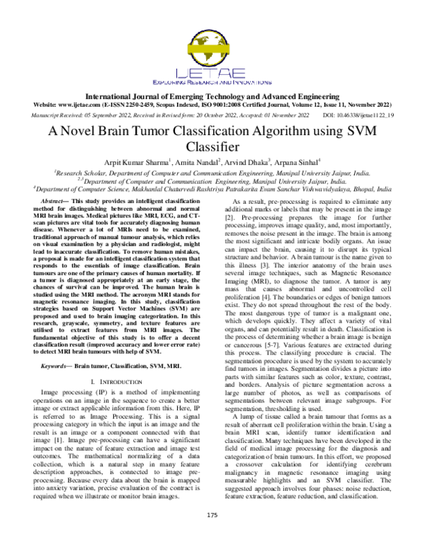 (PDF) A Novel Brain Tumor Classification Algorithm using SVM Classifier