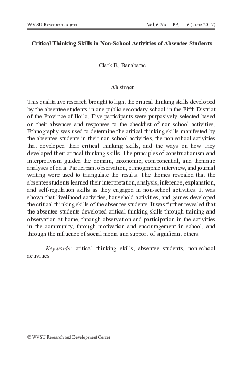 (PDF) Critical Thinking Skills in Non-School Activities of Absentee ...