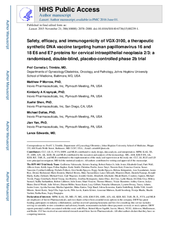(PDF) Safety, efficacy, and immunogenicity of VGX-3100, a therapeutic ...