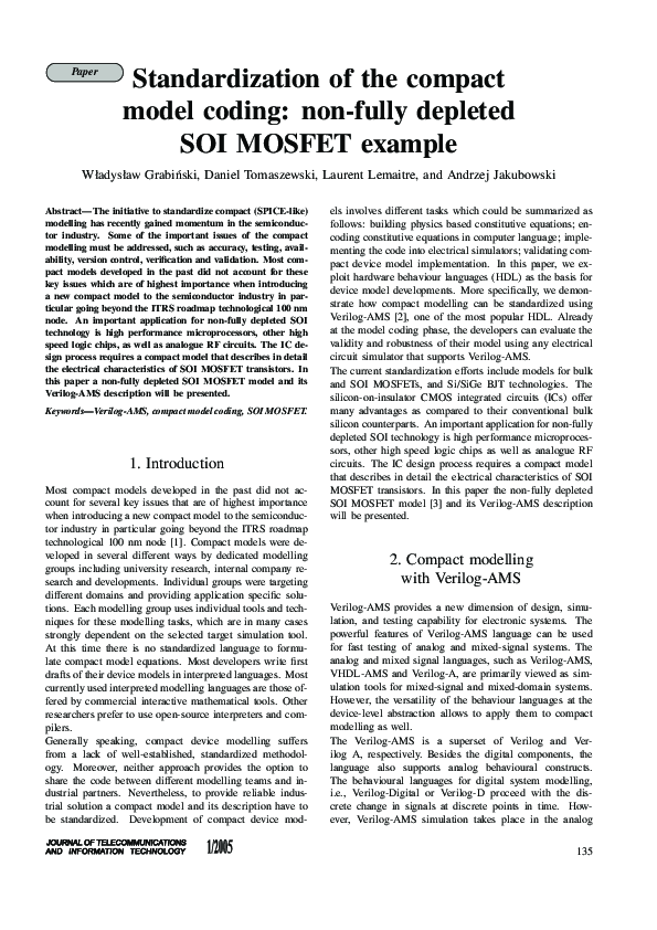 (PDF) Standardization of the compact model coding: non-fully depleted SOI MOSFET example