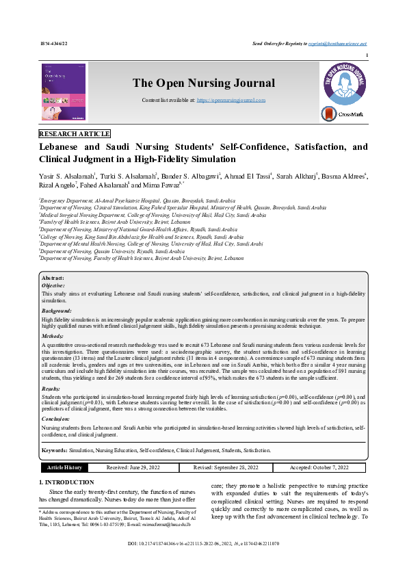 (PDF) Lebanese and Saudi Nursing Students' Self-Confidence, Satisfaction, and Clinical Judgment ...