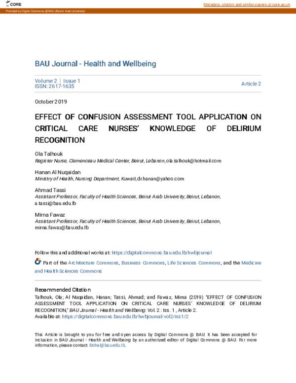 (PDF) Effect of Confusion Assessment Tool Application on Critical Care ...