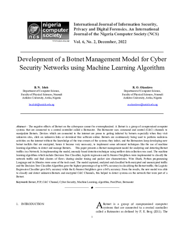 (DOC) Development of a Botnet Management Model for Cyber Security Networks using Machine ...
