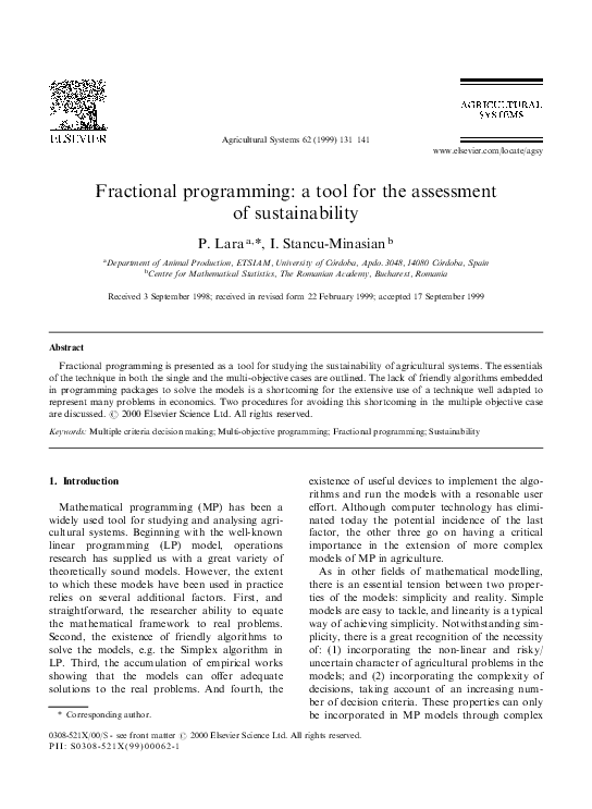 (PDF) Fractional programming: a tool for the assessment of sustainability