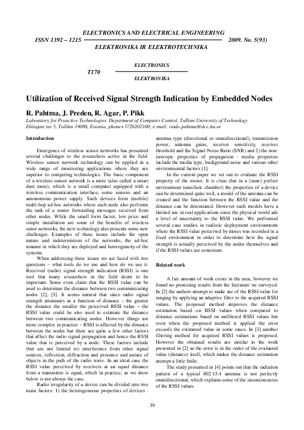 (PDF) Utilization of Received Signal Strength Indication by Embedded Nodes
