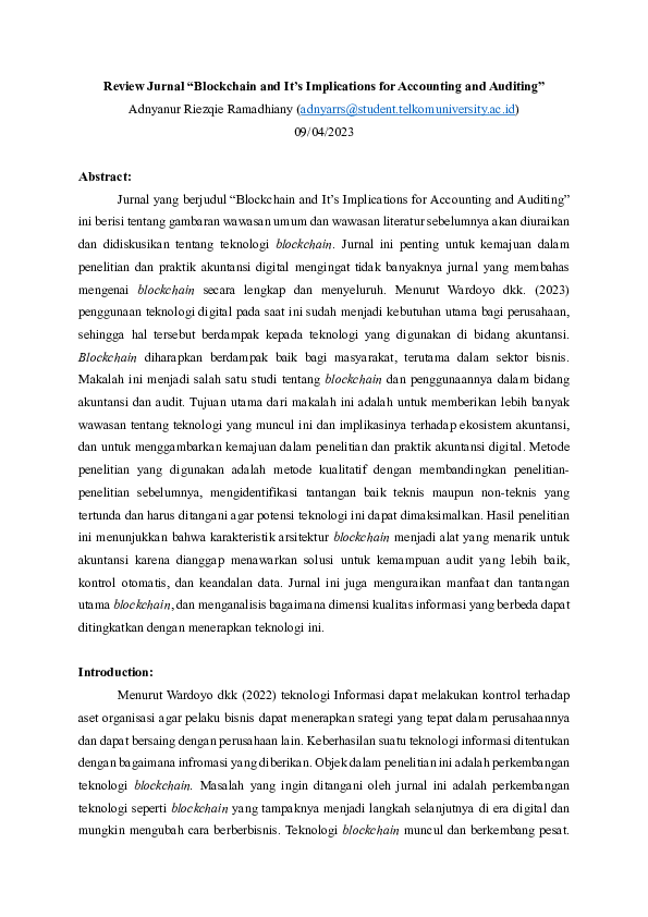 (PDF) Review Jurnal "Blockchain and It's Implications for Accounting ...