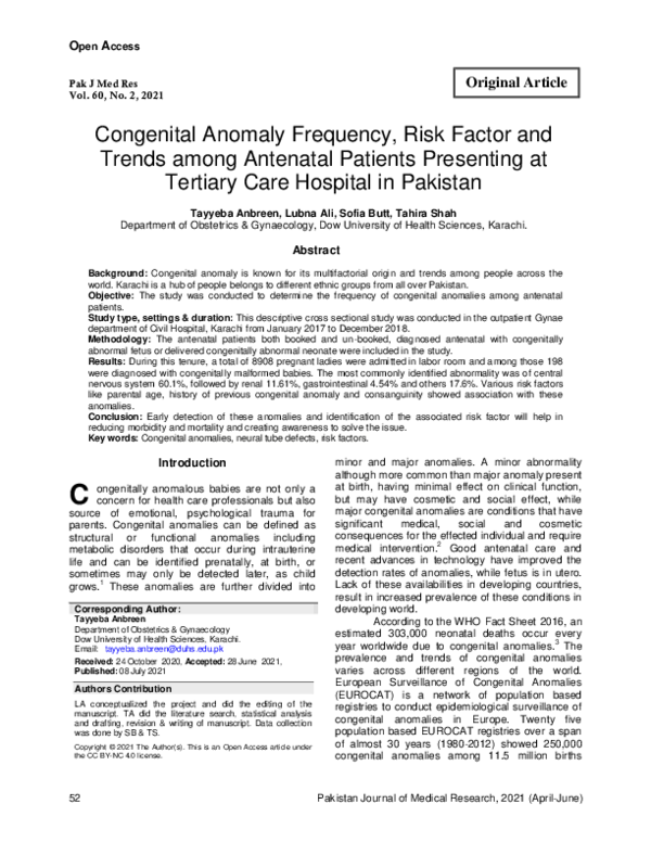 (PDF) Congenital Anomaly Frequency, Risk Factor and Trends among ...