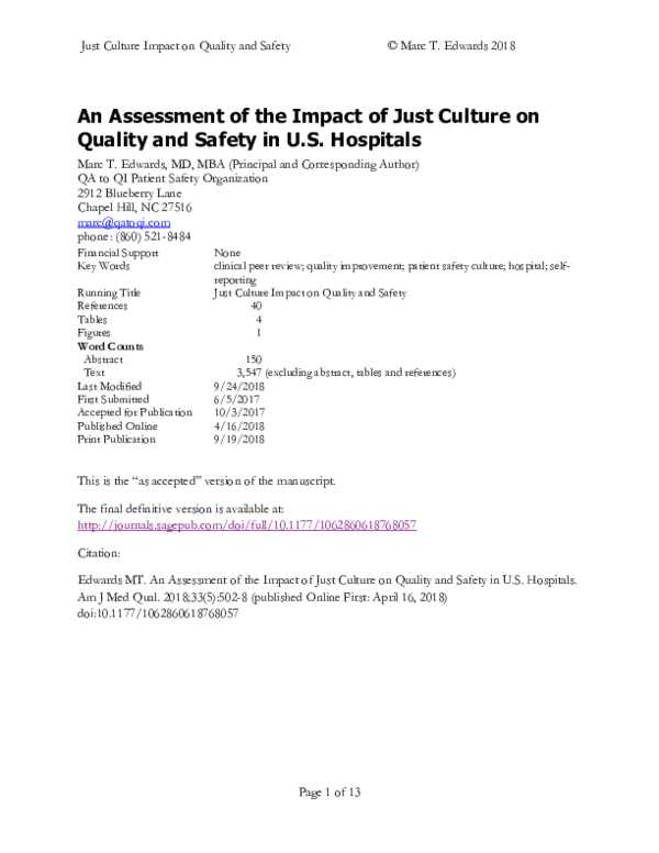 (PDF) An Assessment of the Impact of Just Culture on Quality and Safety ...
