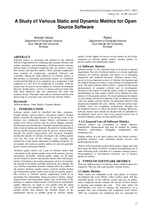 (PDF) A Study of Various Static and Dynamic Metrics for Open Source Software