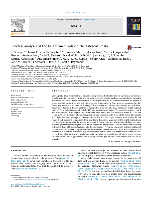 (PDF) Spectral analysis of the bright materials on the asteroid Vesta