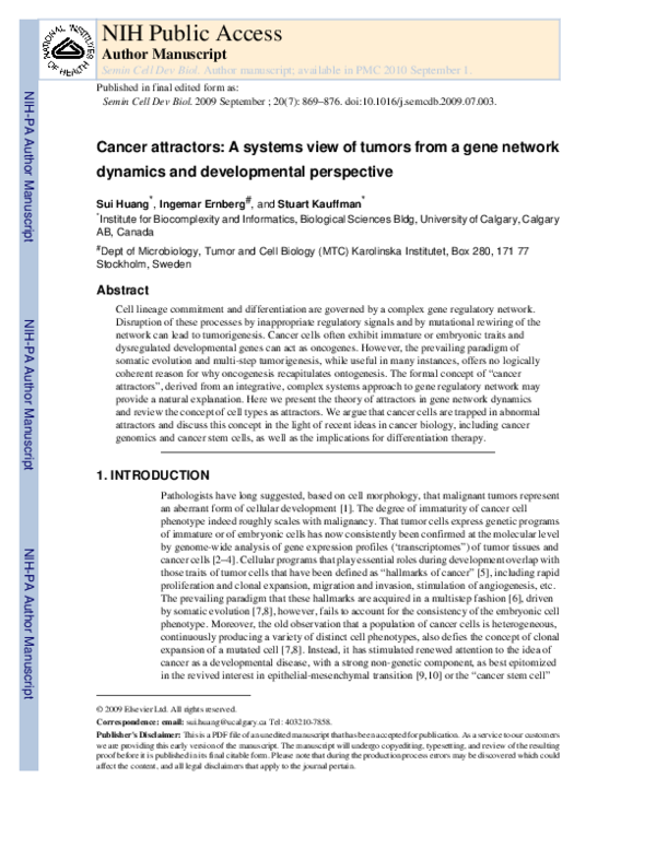 (PDF) Cancer attractors: A systems view of tumors from a gene network ...