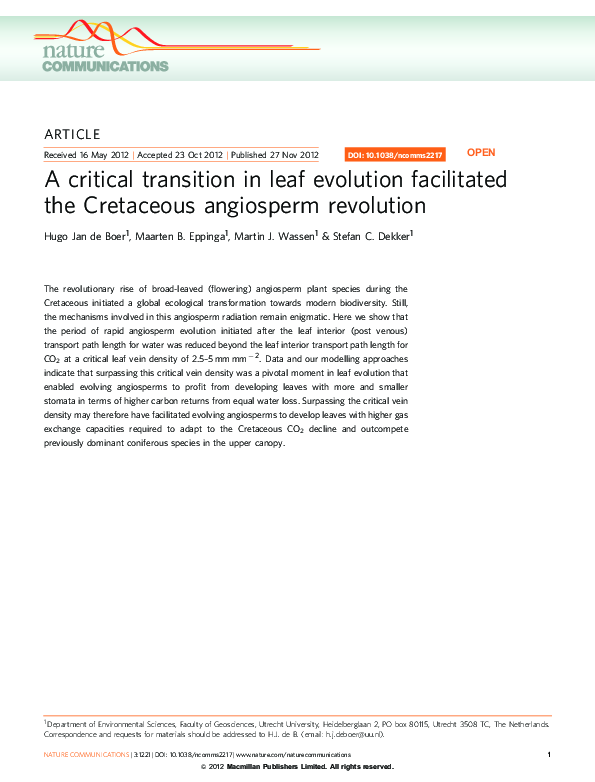 (PDF) A critical transition in leaf evolution facilitated the ...
