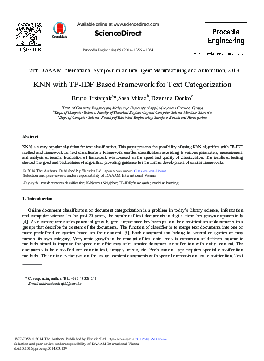 (PDF) KNN with TF-IDF based Framework for Text Categorization