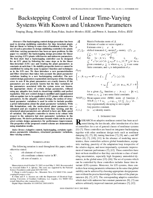 (PDF) Backstepping control of linear time-varying systems with known and unknown parameters ...
